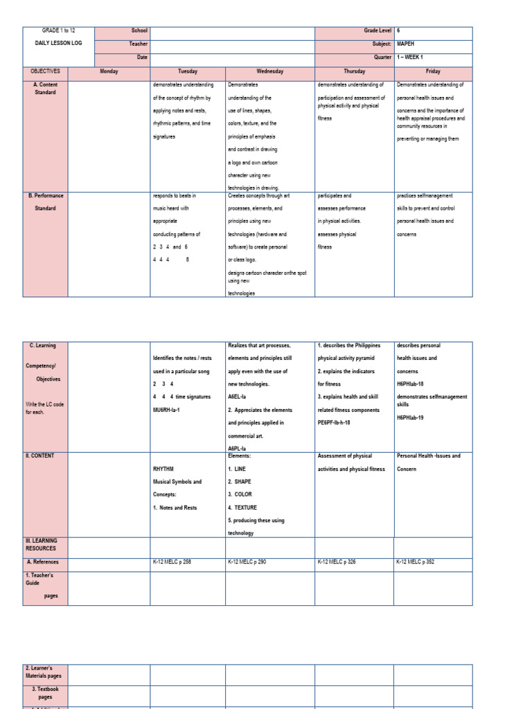 WEEK1 DLL MAPEH6 | PDF