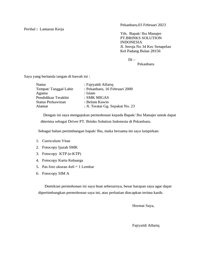 SURAT LAMARAN KERJA PT Brinks Solution Indonesia | PDF