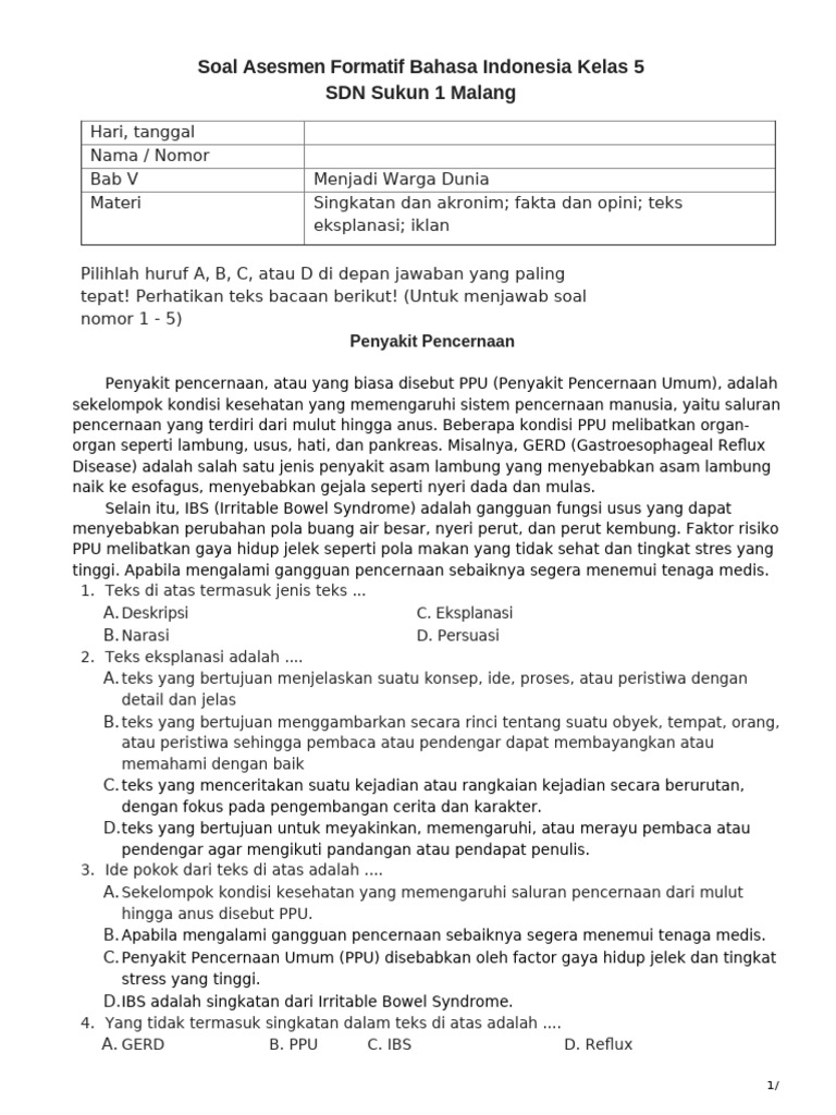Dewi - Soal UH BI Bab 5 Kurmer Kls 5 | PDF