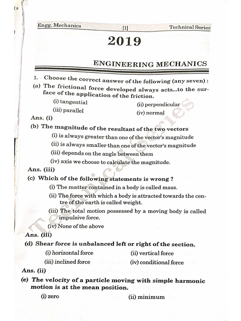 Engineering Mechanics Pyq 2019 Solution | PDF