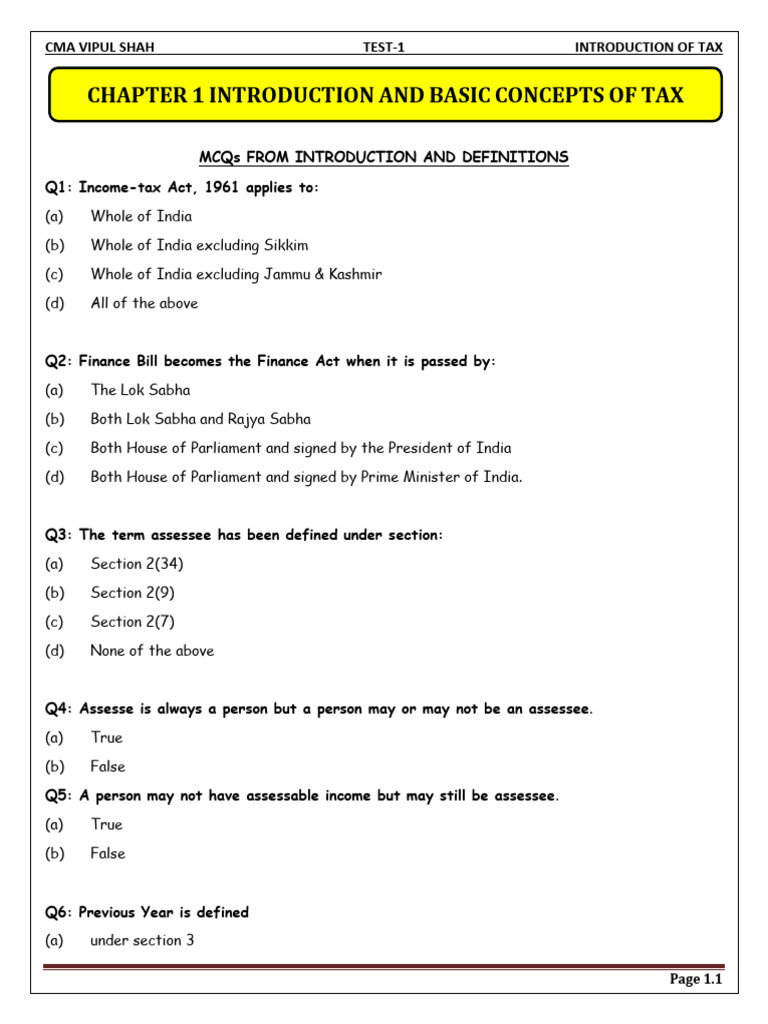 Test 1 Introduction and Basic Concepts of Tax | PDF