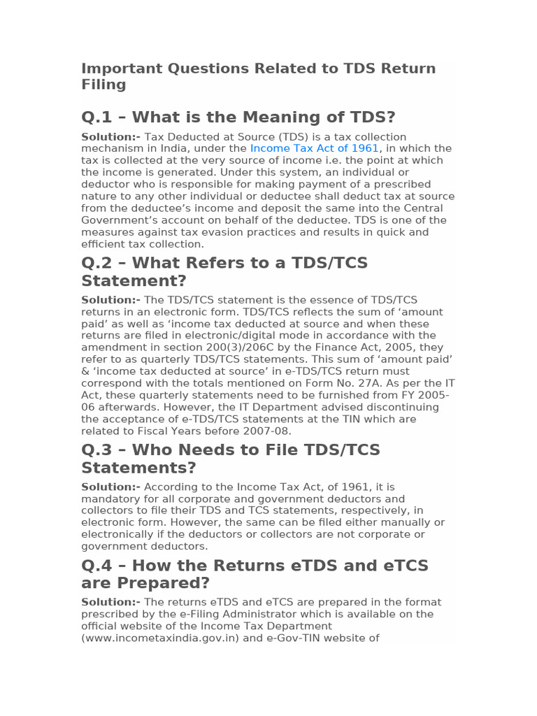 Q.1 - What Is The Meaning of TDS?: Important Questions Related To TDS Return Filing | PDF