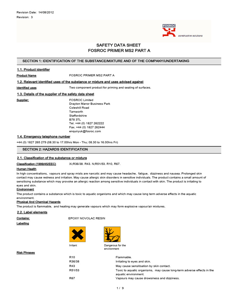 SDS Fosroc Primer MS2 Aug 12 | PDF | Dangerous Goods | Toxicity