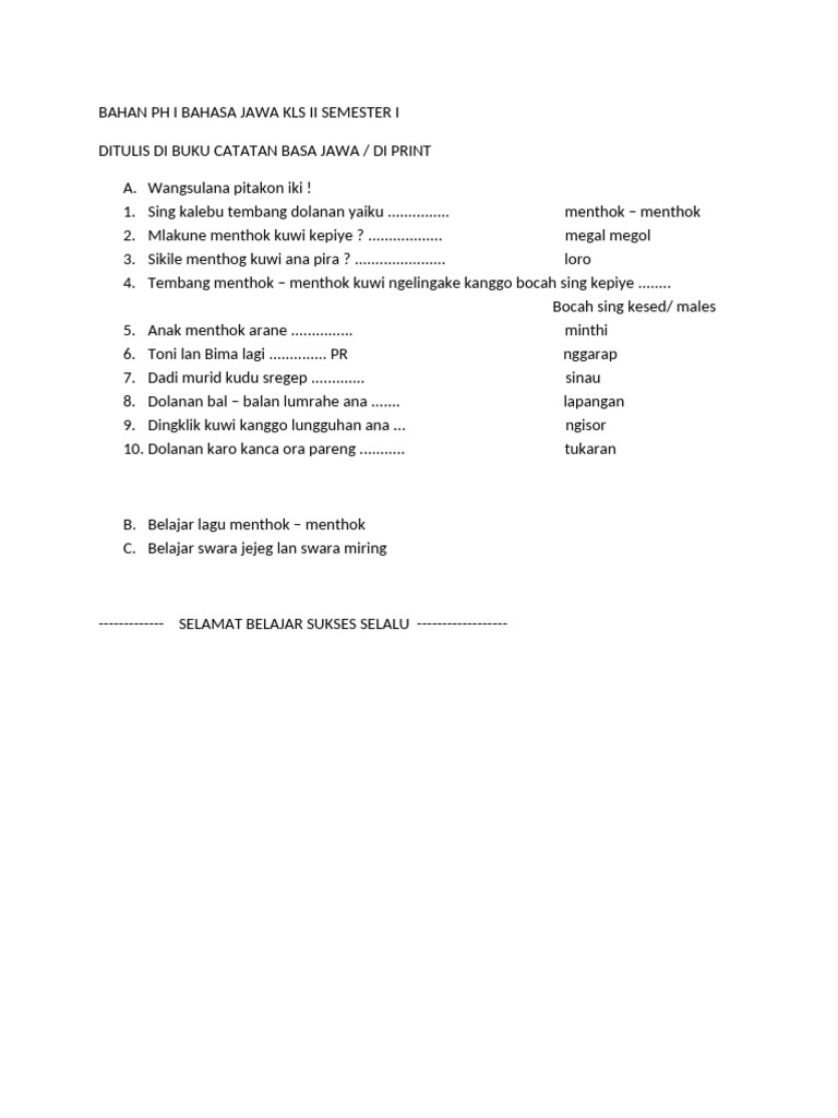 Bahan PH I Bahasa Jawa KLS Ii Semester I | PDF