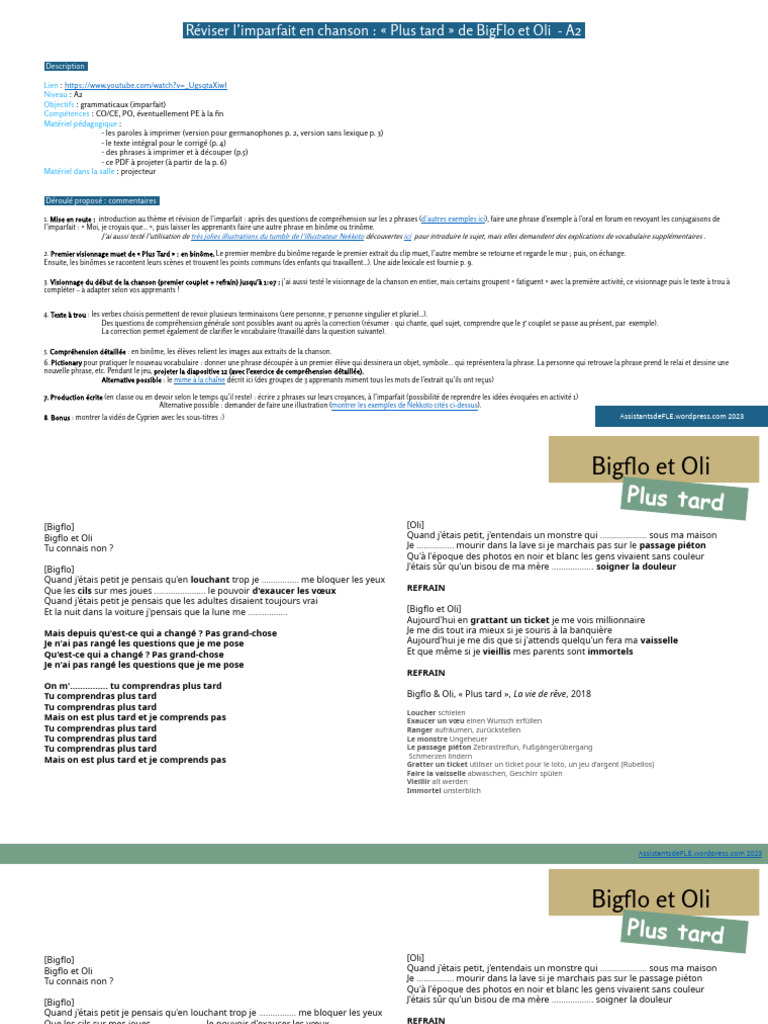 Travailler Limparfait en Chanson Plus Tard Bigflo Et Oli | PDF