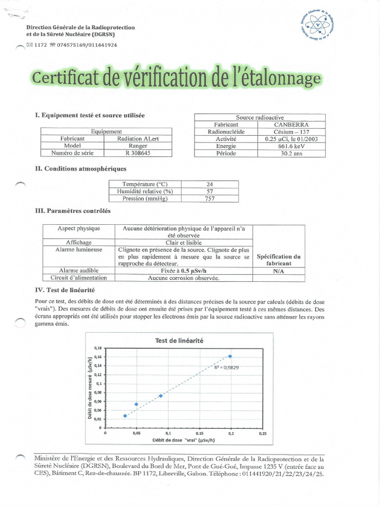 Certificat Vérification Etalonnage RANGER DGRSN | PDF