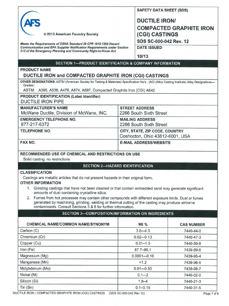 MSDS Ductile Iron | PDF