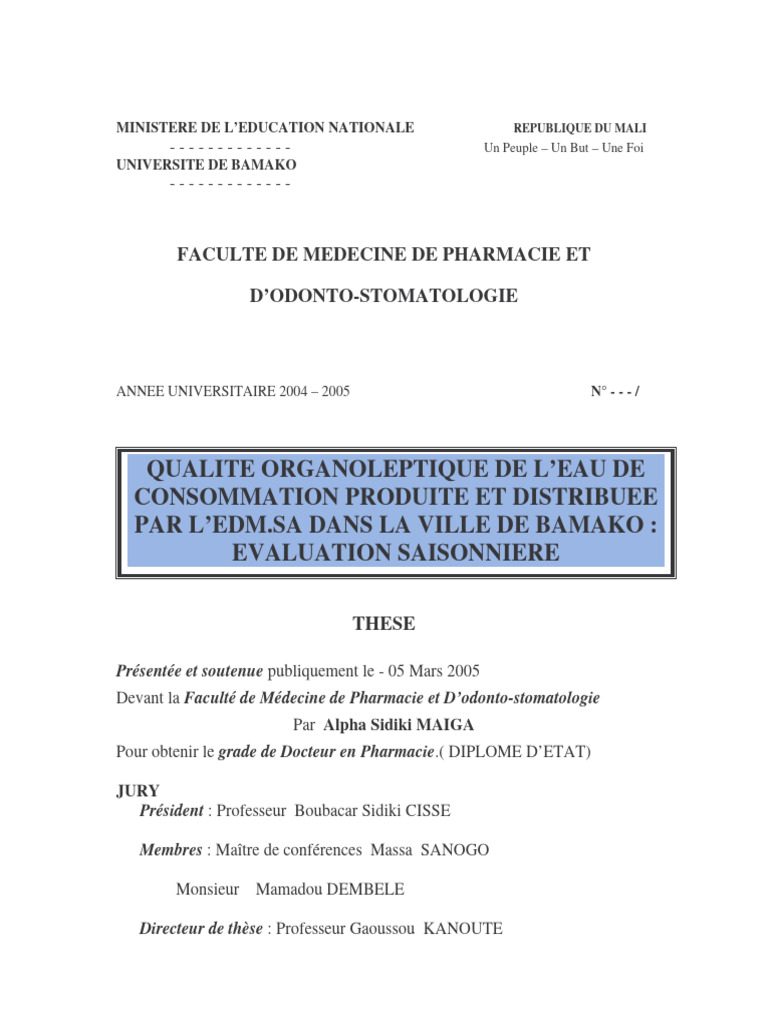 Qualite Organoleptique de L'Eau de Consommation Produite Et Distribuee ...