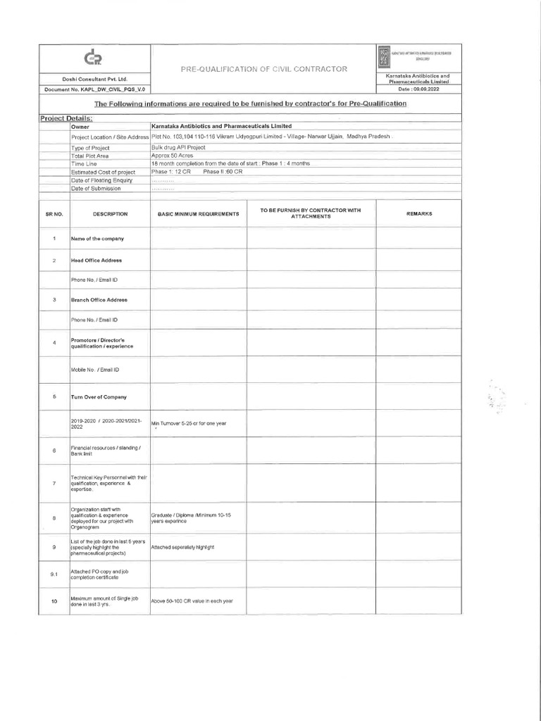 Prequalification-Format For Civil Vendor | PDF