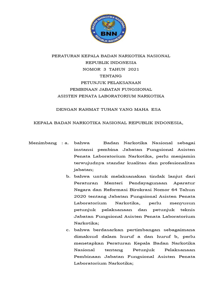 Peraturan Kepala BNN Nomor 3 Tahun 2021 | PDF