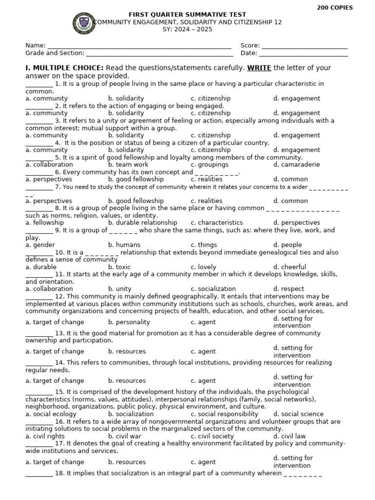 Cesc 12 - Summative Examination | PDF