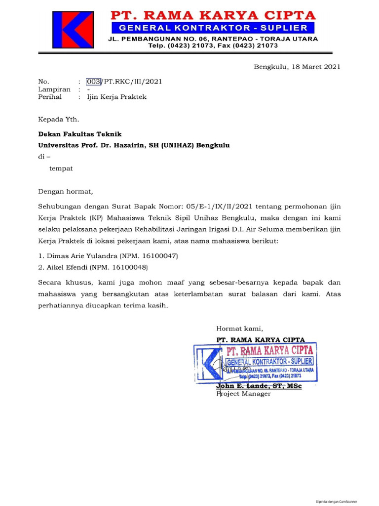 003 - Surat Balasan Mahasiswa KP | PDF