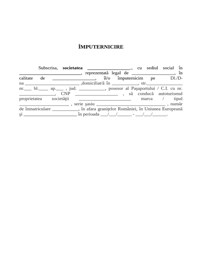 Împuternicire Ieșire Din Țară Autoturism de Serviciu-Model | PDF
