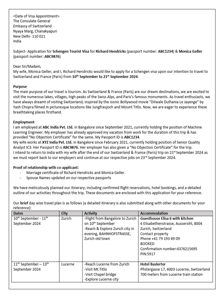 Schengen Visa Application for Travel to Switzerland and France | PDF ...