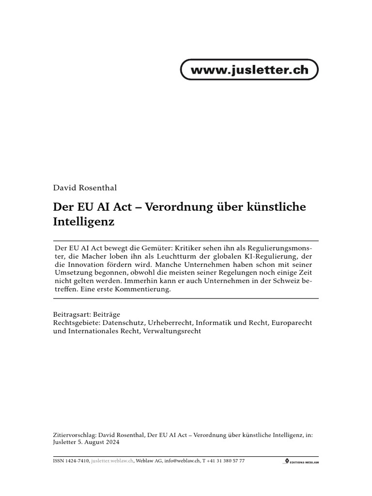 Rosenthal AI-Act Jusletter 050824 | PDF | Finance & Money Management ...