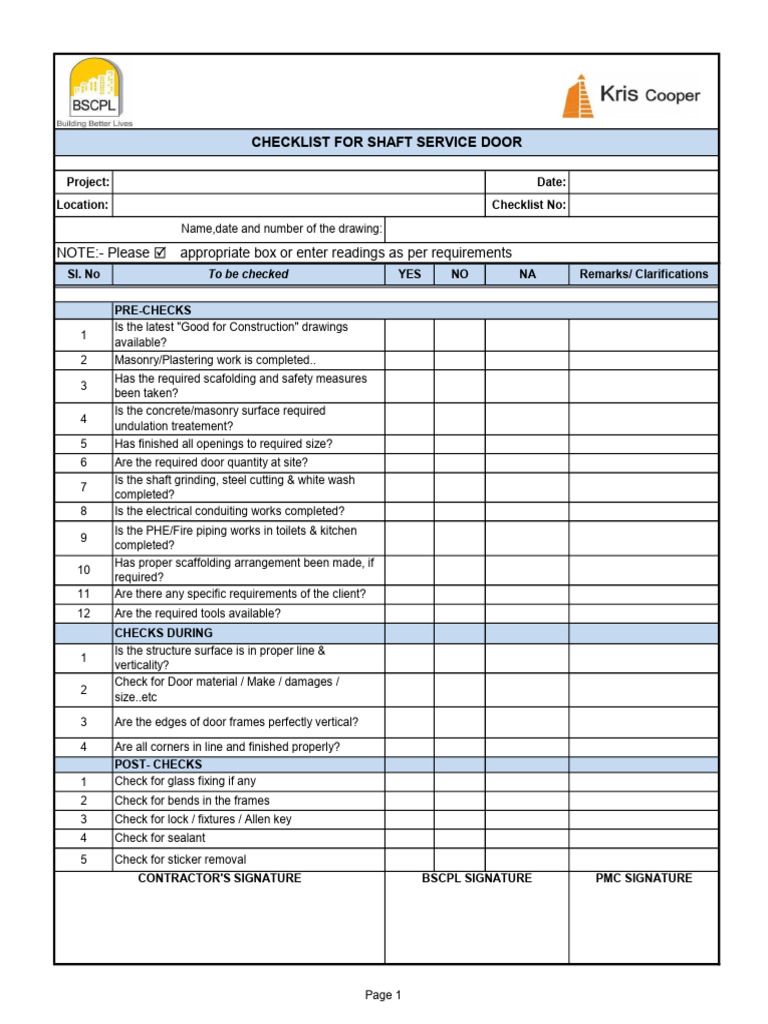Checklist Shaft Door Fixing | PDF