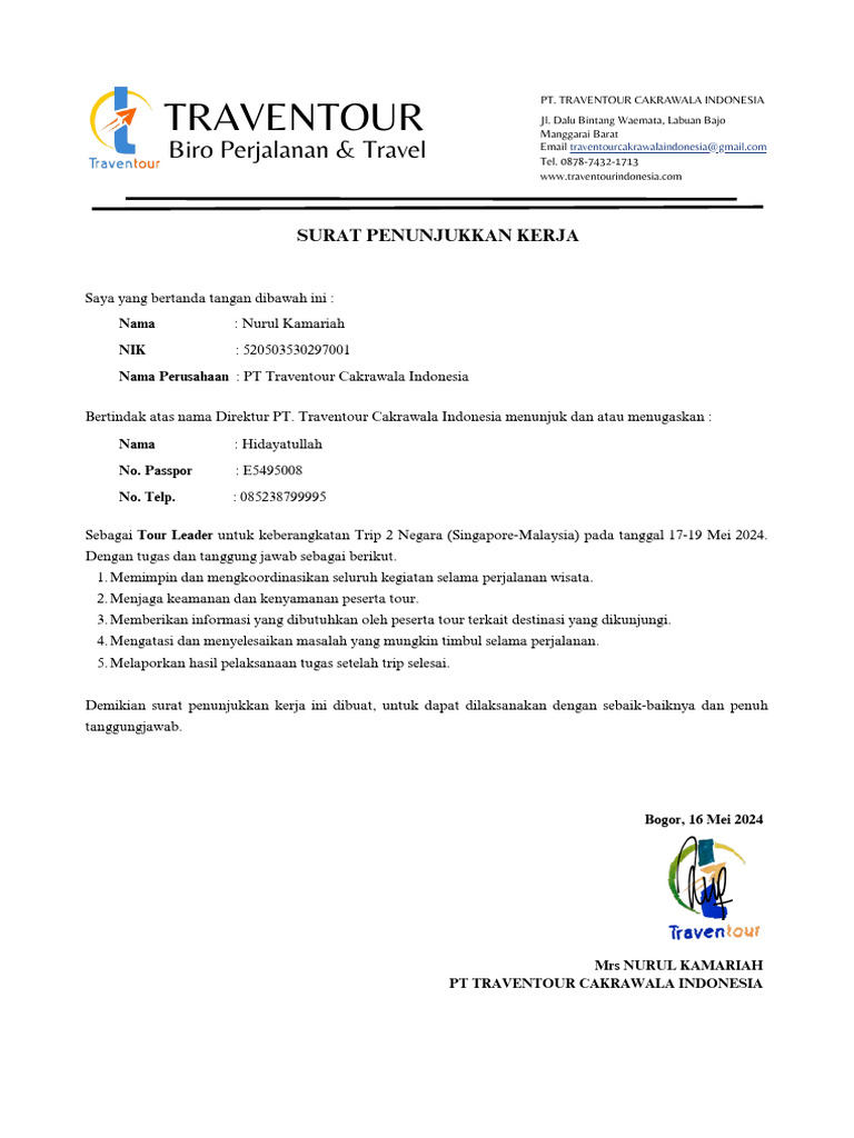 Surat Tugas Tour Leader | PDF