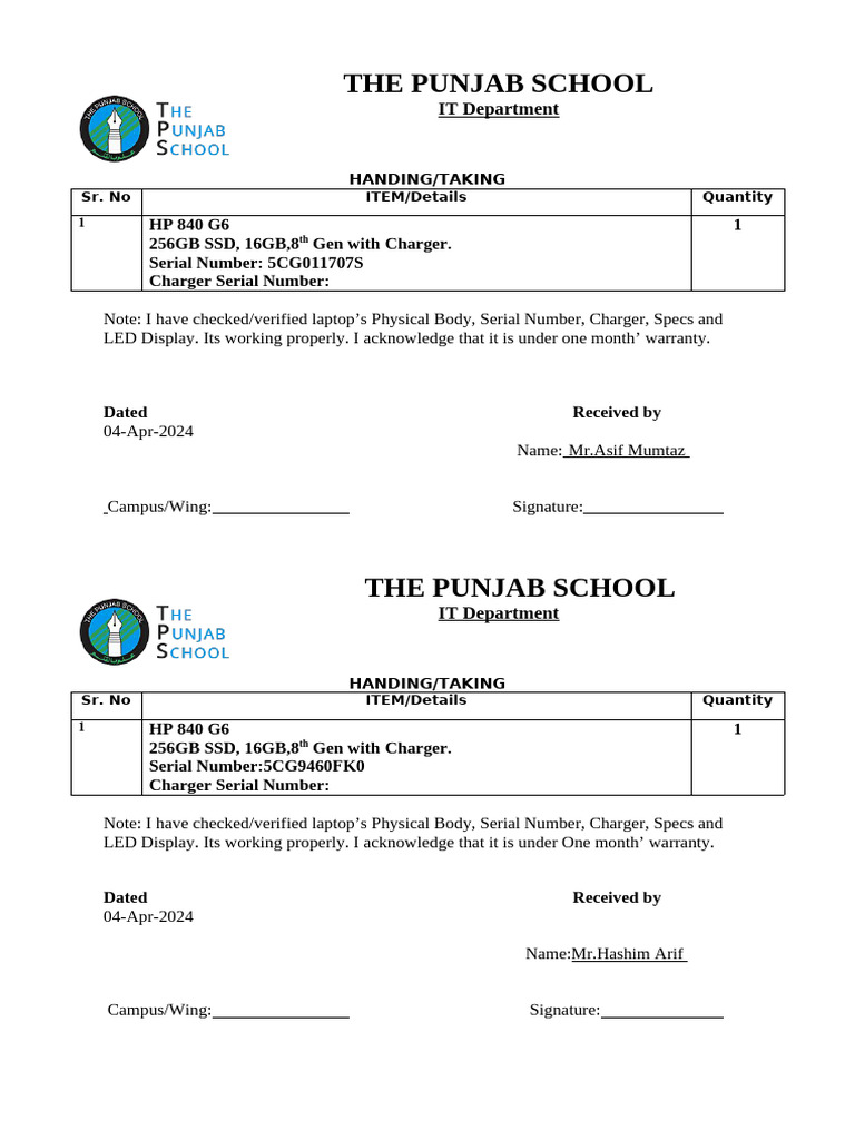 HANDING TAKING FORMAT Final | PDF