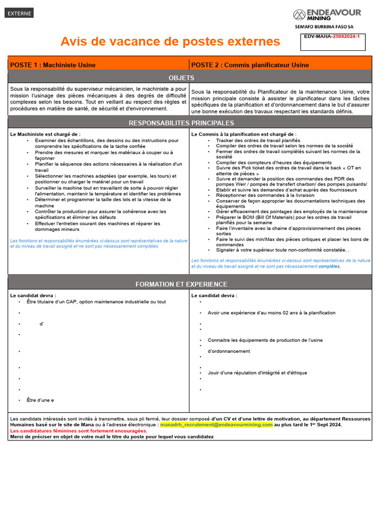 Avis de Vacance Des Postes Externes Multiples - Maintenance Usine | PDF