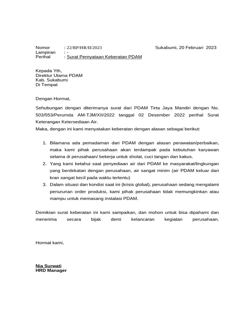 Surat Keberatan Untuk PDAM & ESDM | PDF