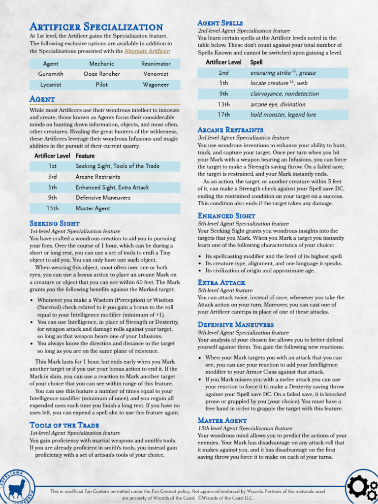 Artificer (Alternate) - Specializations (Archmage) | PDF