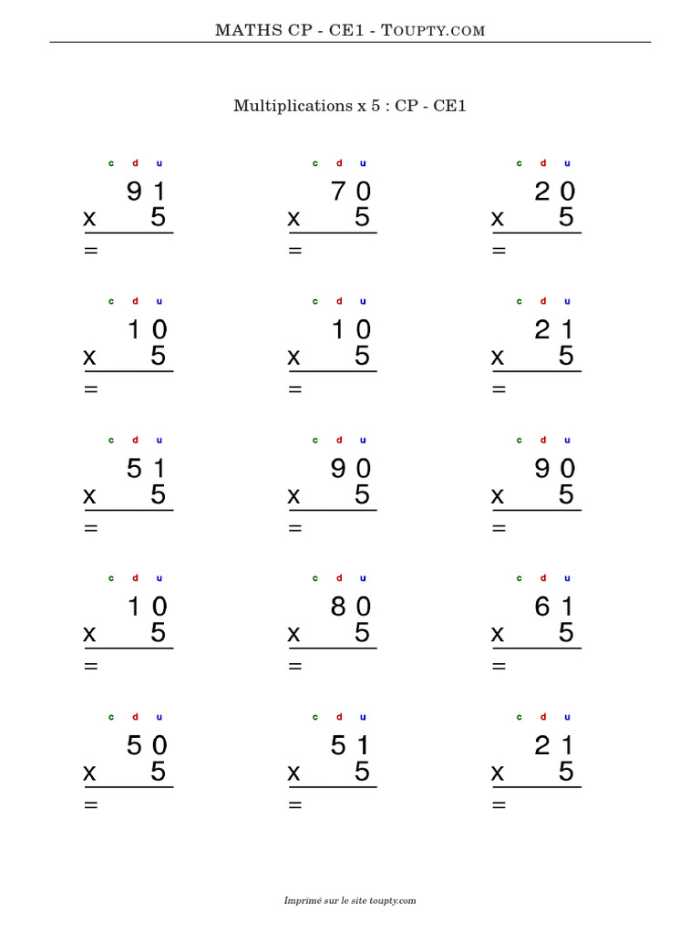 Multiplication CP Ce1 x5 Technique 2 Fiche 2 | PDF