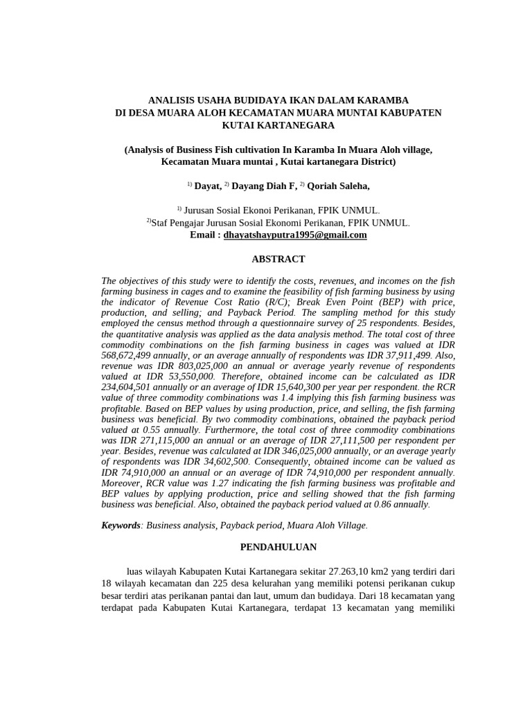 ANALISIS USAHA BUDIDAYA IKAN DALAM KARAMBA | PDF