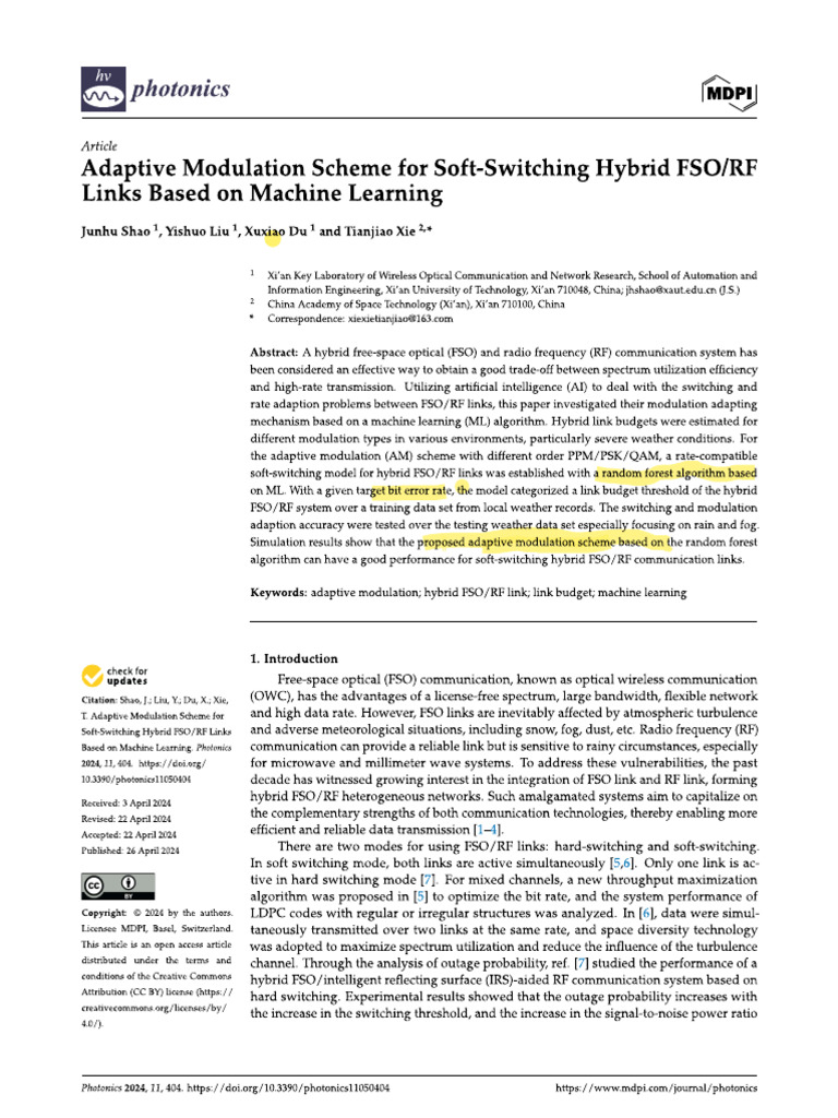 Adaptive Modulation Scheme For Soft Switching Hybrid Fso Rf Pdf