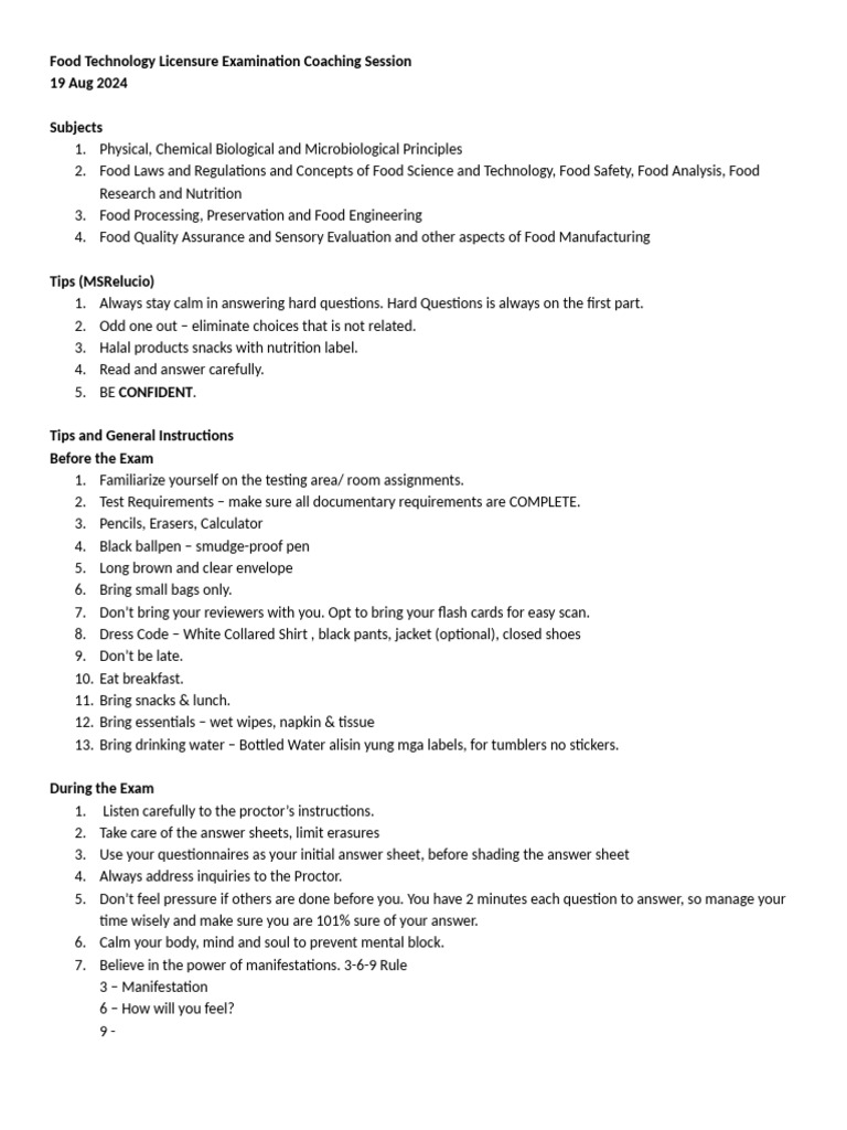 Food Technology Licensure Examination Coaching Session | PDF | Wellness