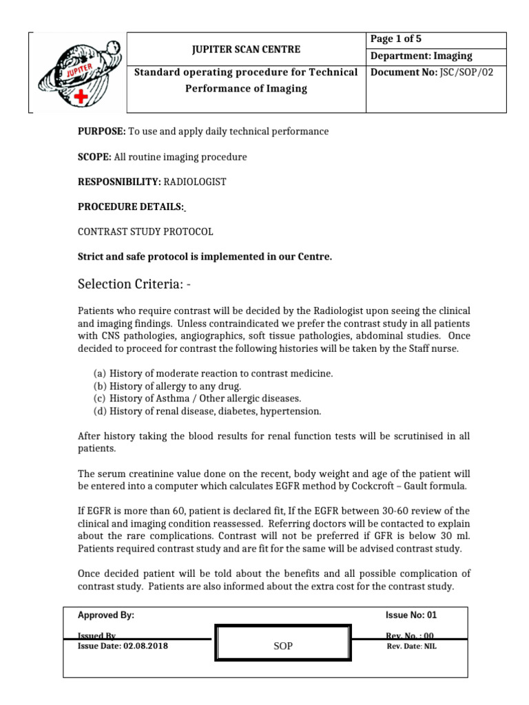 SOP-02 Standard Operating Procedure For Technical Performance of Imaging | PDF