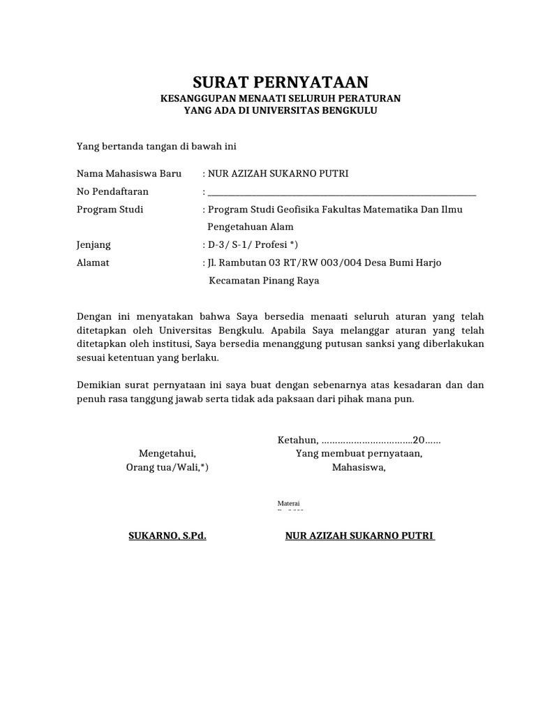 Surat Pernyataan Menaati Aturan | PDF