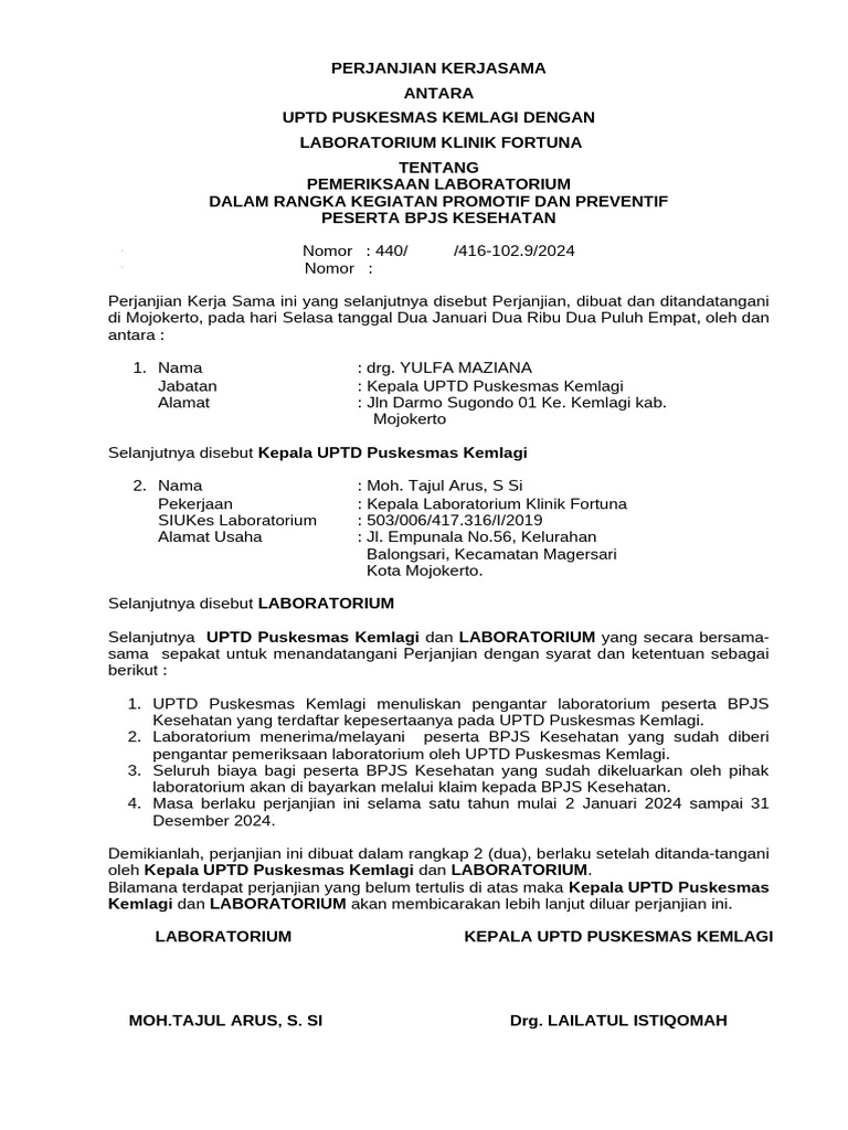 Mou Laboratorium Klinik Fortuna | PDF | Science & Mathematics