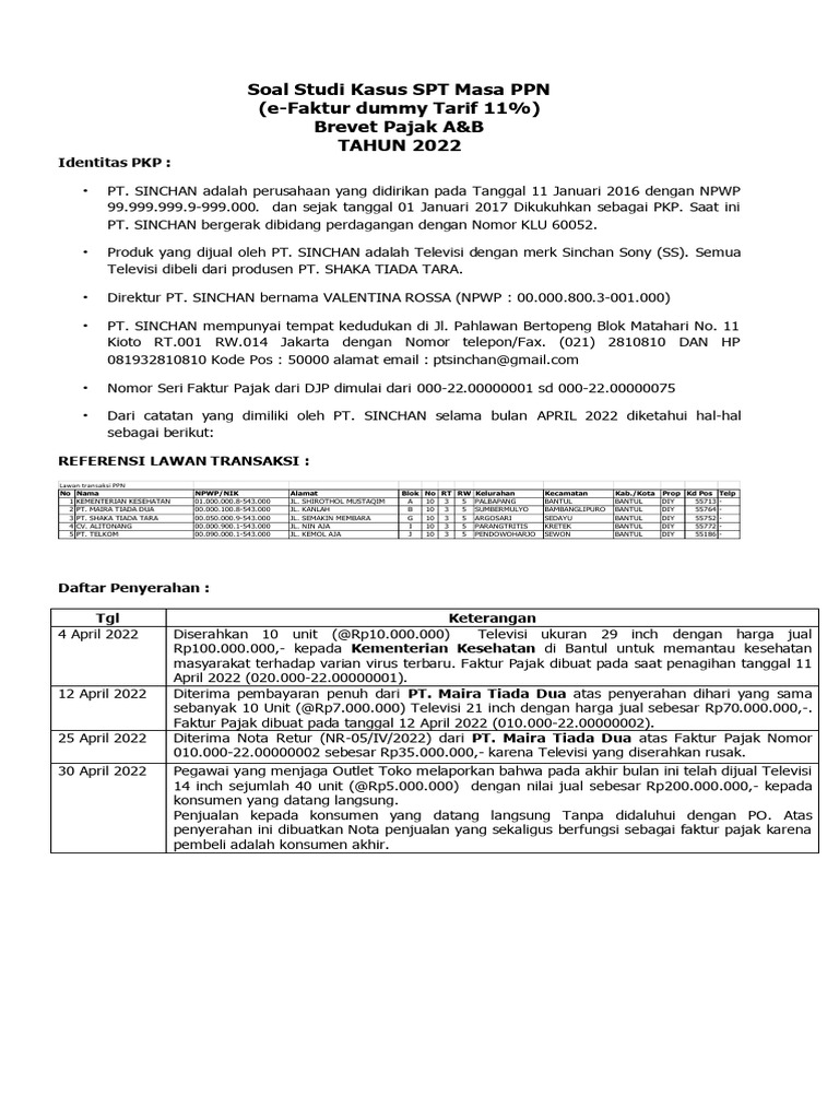 Soal Studi Kasus SPT Masa PPN - 2022 | PDF