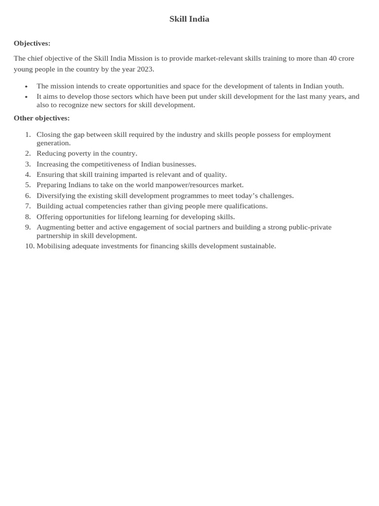 Skill India Mission: Objectives & Goals | PDF