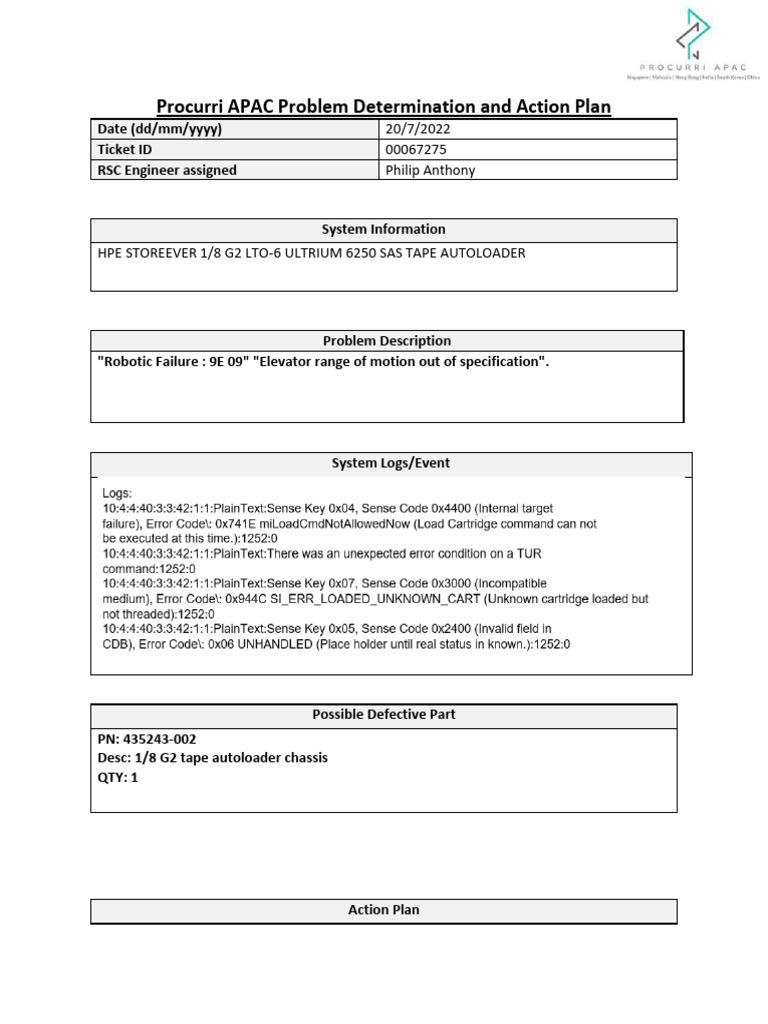RSC PD and Action Plan - 00067275 (18 G2 Tape Autoloader Chassis) | PDF