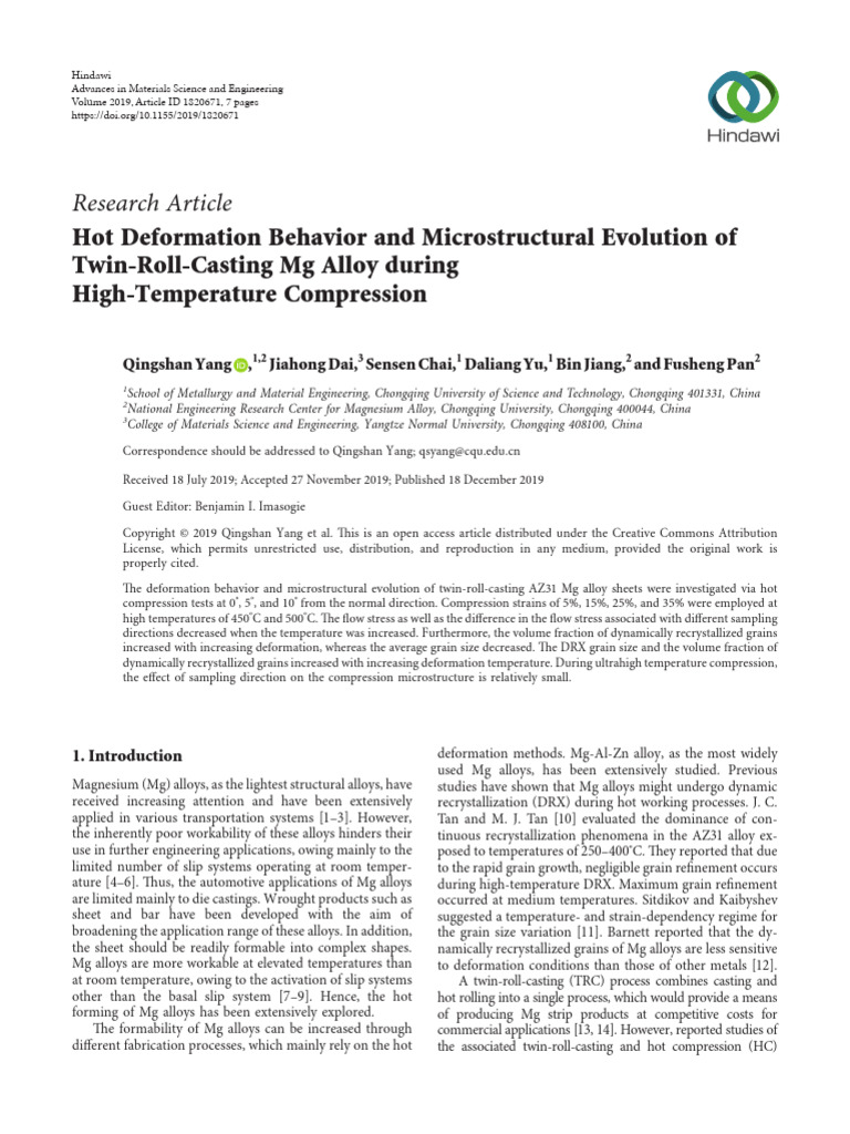 Hot Deformation Behavior and Microstructural Evolution of Twin-Roll-Casting MG Alloy During High ...