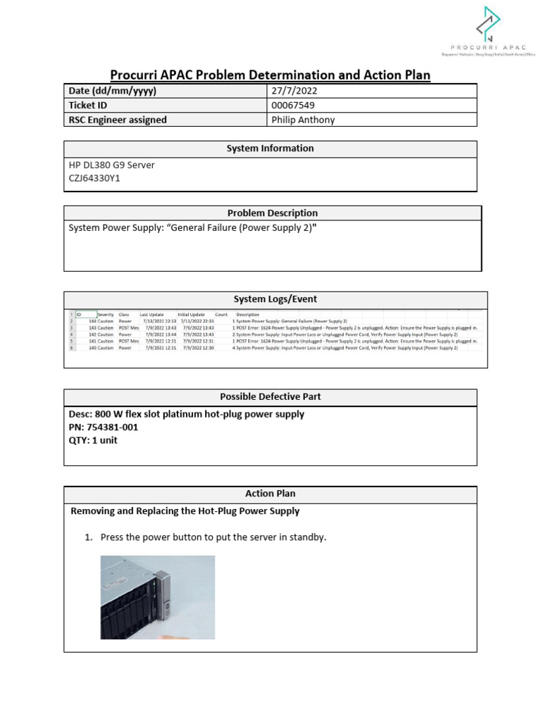 RSC PD And Action Plan - 00067549 (HP DL380 G9 Server - Replace Power Supply) | PDF