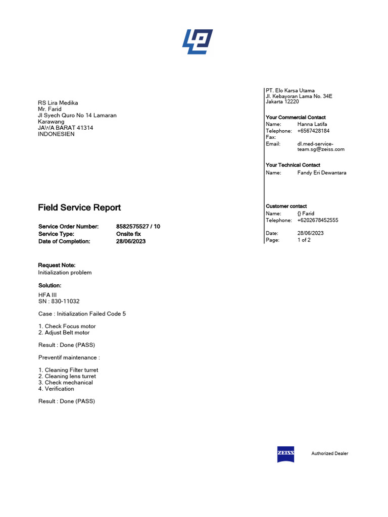 Service Report Vendor Zeiss | PDF