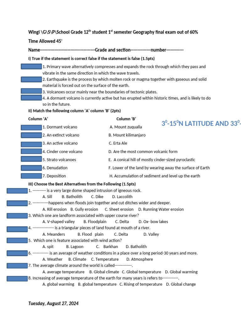 Agegnehu Grade 12th Geography Final Exam | PDF