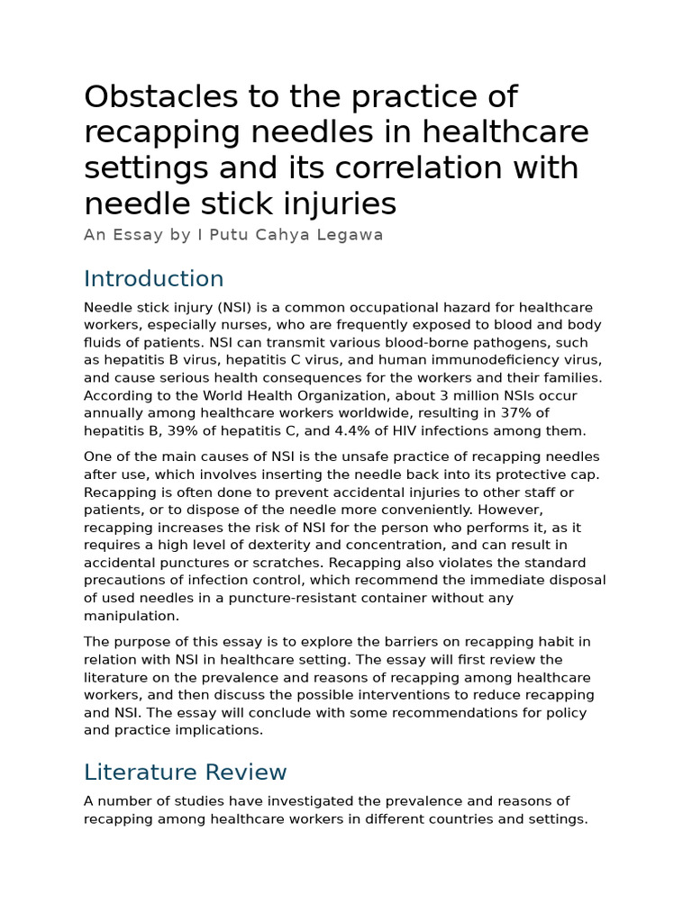 Obstacles To The Practice of Recapping Needles in Healthcare Settings ...