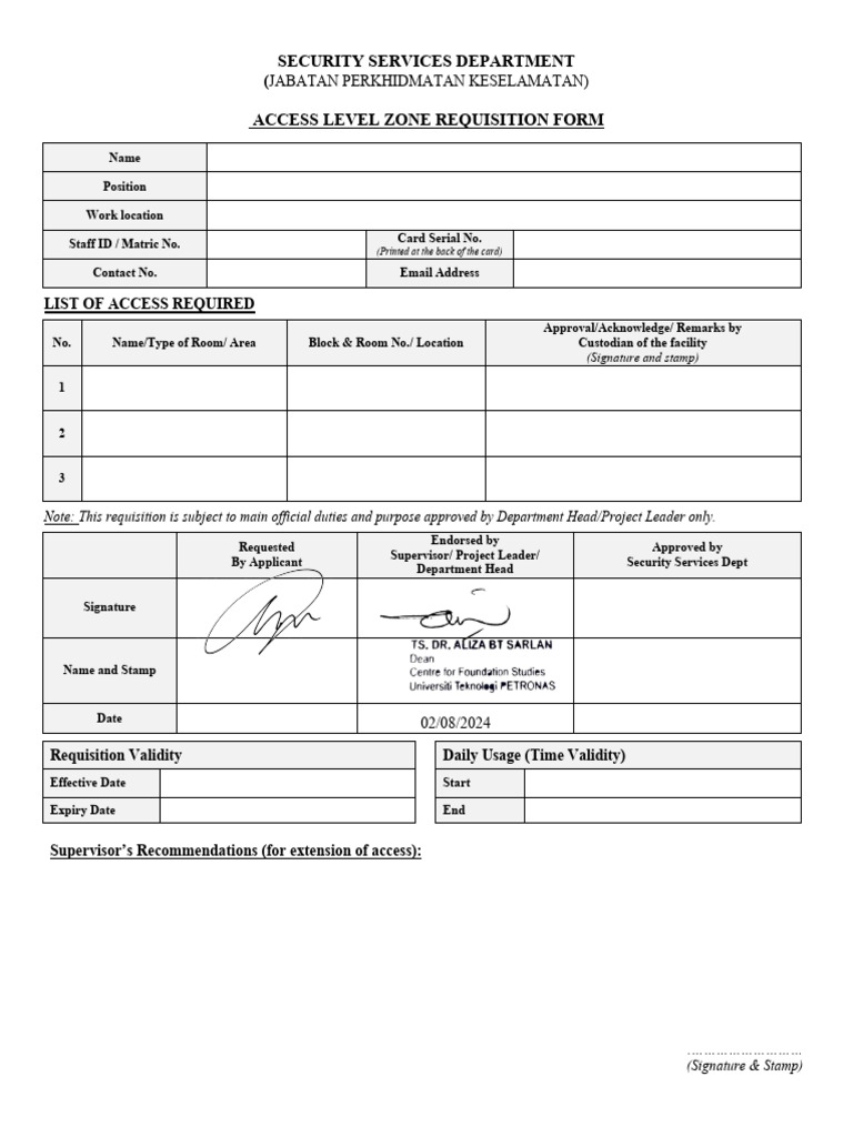 Access Level Zone Requisition Form (Template) | PDF