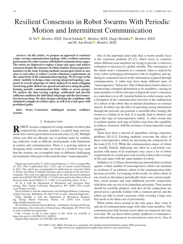 Resilient Consensus in Robot Swarms With Periodic Motion and Intermittent Communication | PDF