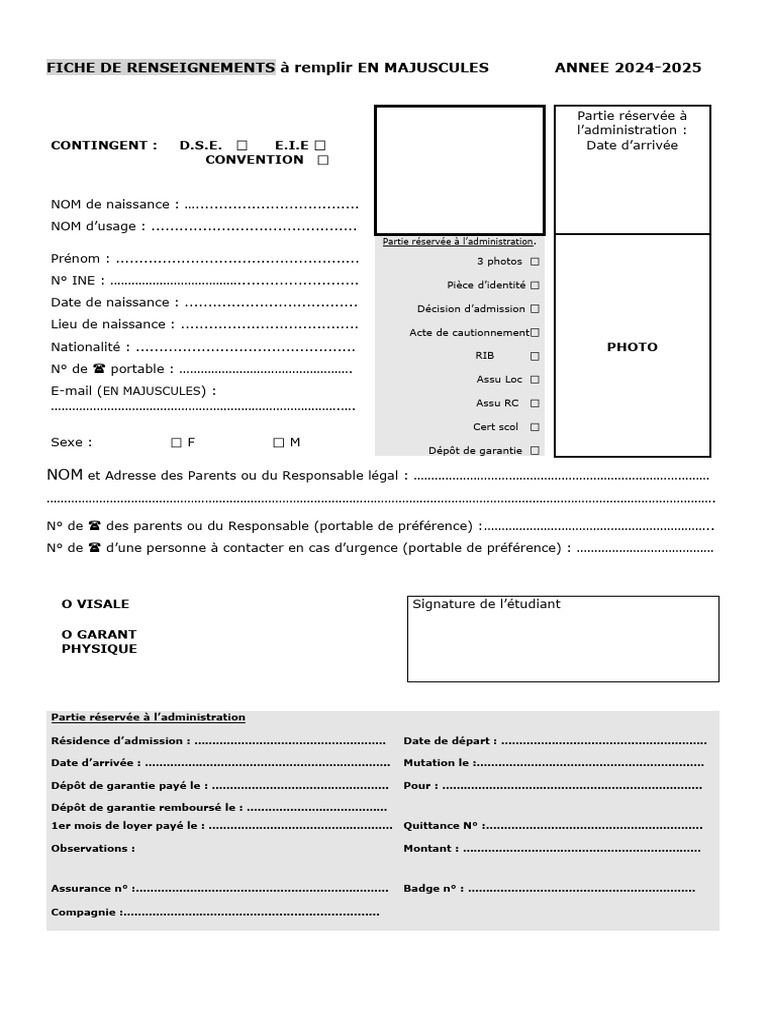 01.fiche de Renseignements 2024-2025 | PDF