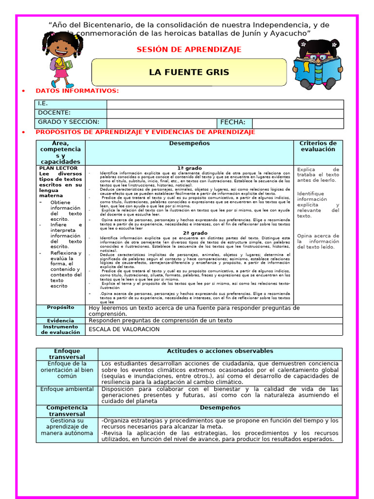 U3 S1 Sesion D4 Plan Lector La Fuente Gris Maestras de Primaria Del Peru | PDF