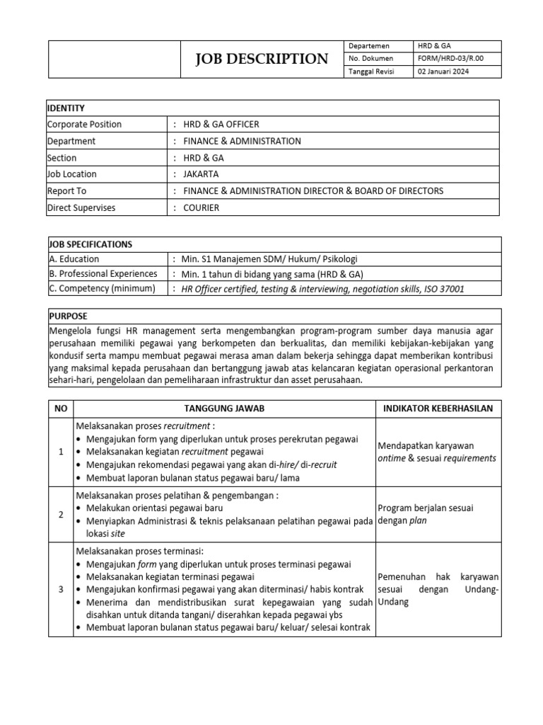 Job Desc HRD & GA Officer | PDF