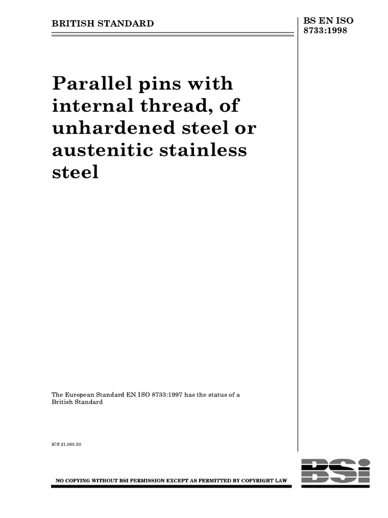 BS EN ISO 8733 - 1998 Parallel Pins With Internal Thread, of Unhardened ...