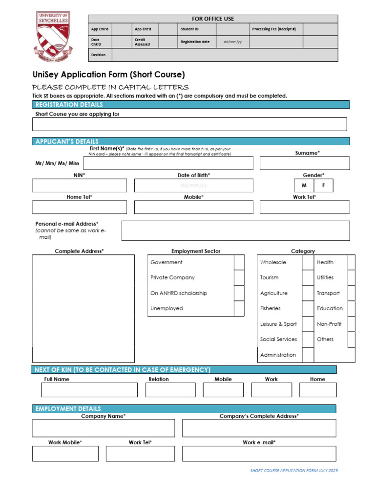 Short Course Application Form July 2023 | PDF