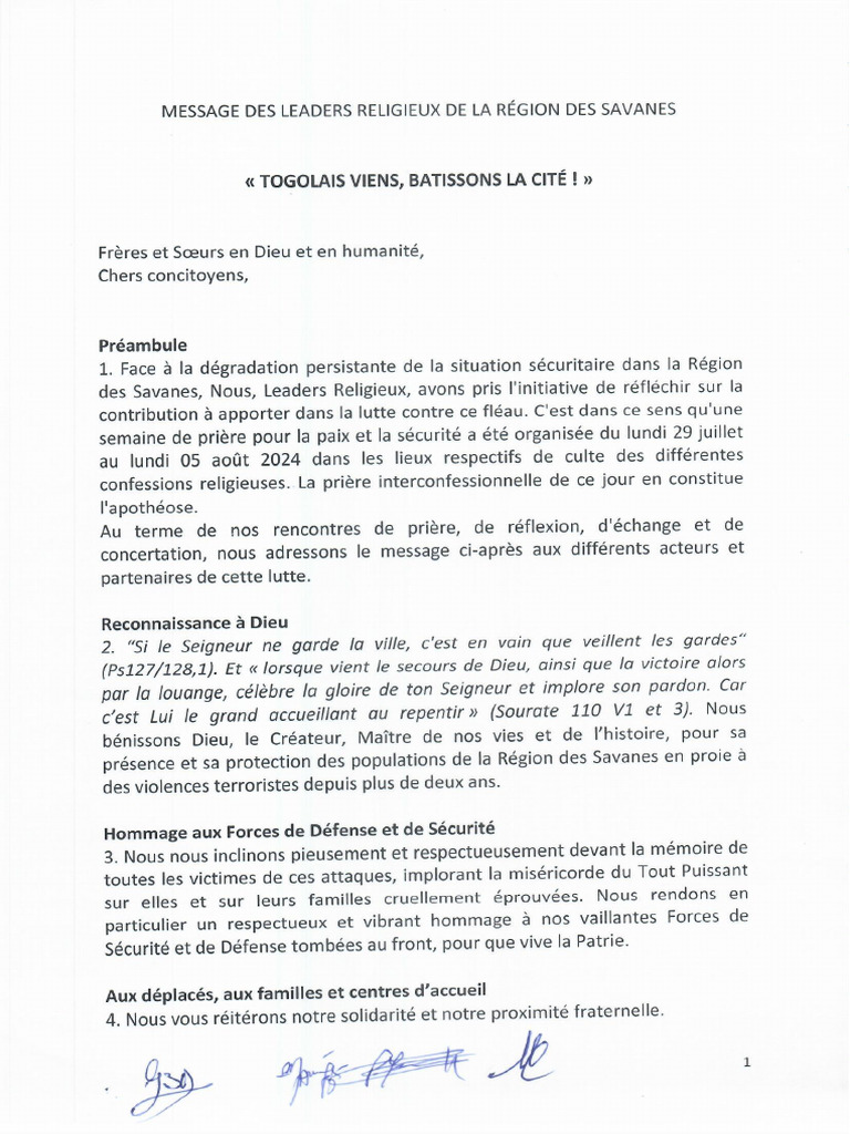Message Des Leaders Religieux de La Région Des Savanes | PDF