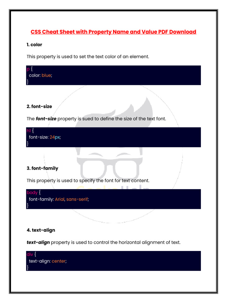 CSS Cheat Sheet With Property Name and Value | PDF