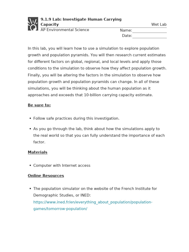 9.1.9 Lab - Investigate Human Carrying Capacity (Wet Lab) | PDF ...